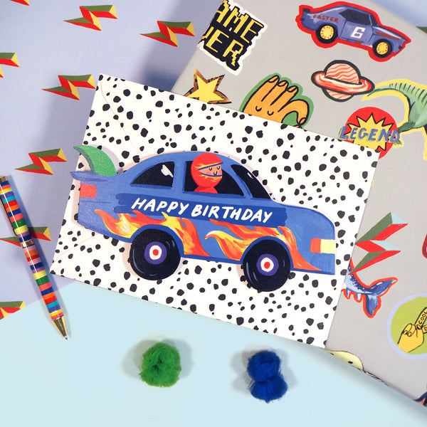 Eleanor Bowmer Racing Car Shaped Birthday Card – Born Yesterday